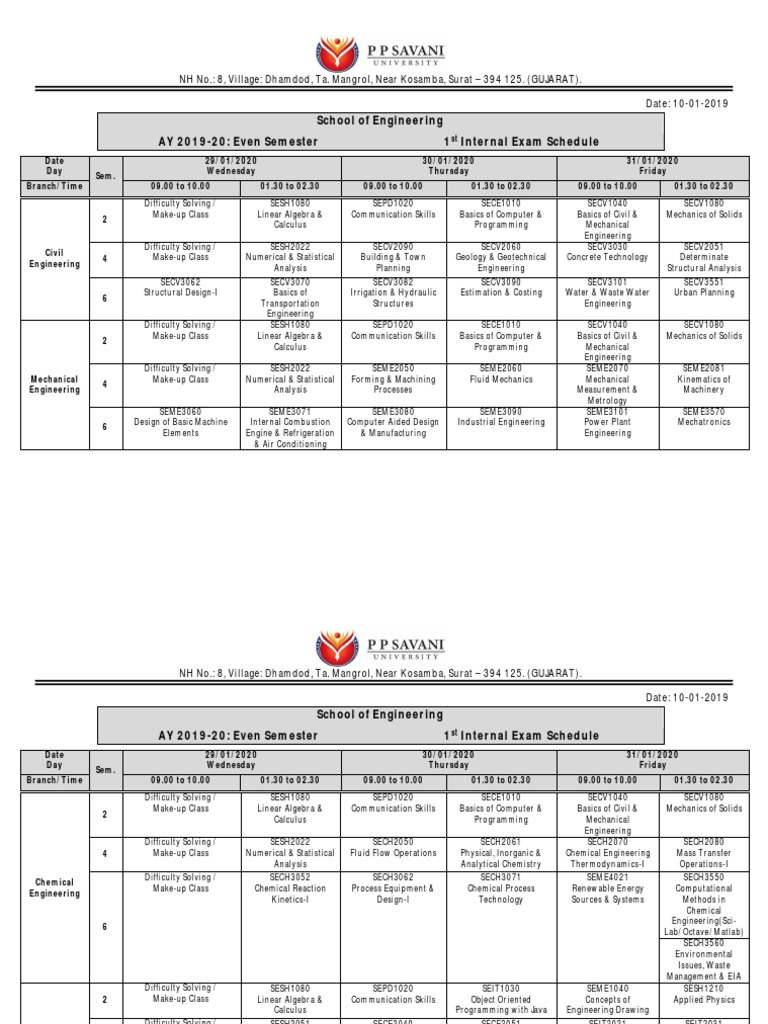 SOE Internal Exam Schedule - AY201920 - EVEN SEM | PDF | Engineering ...