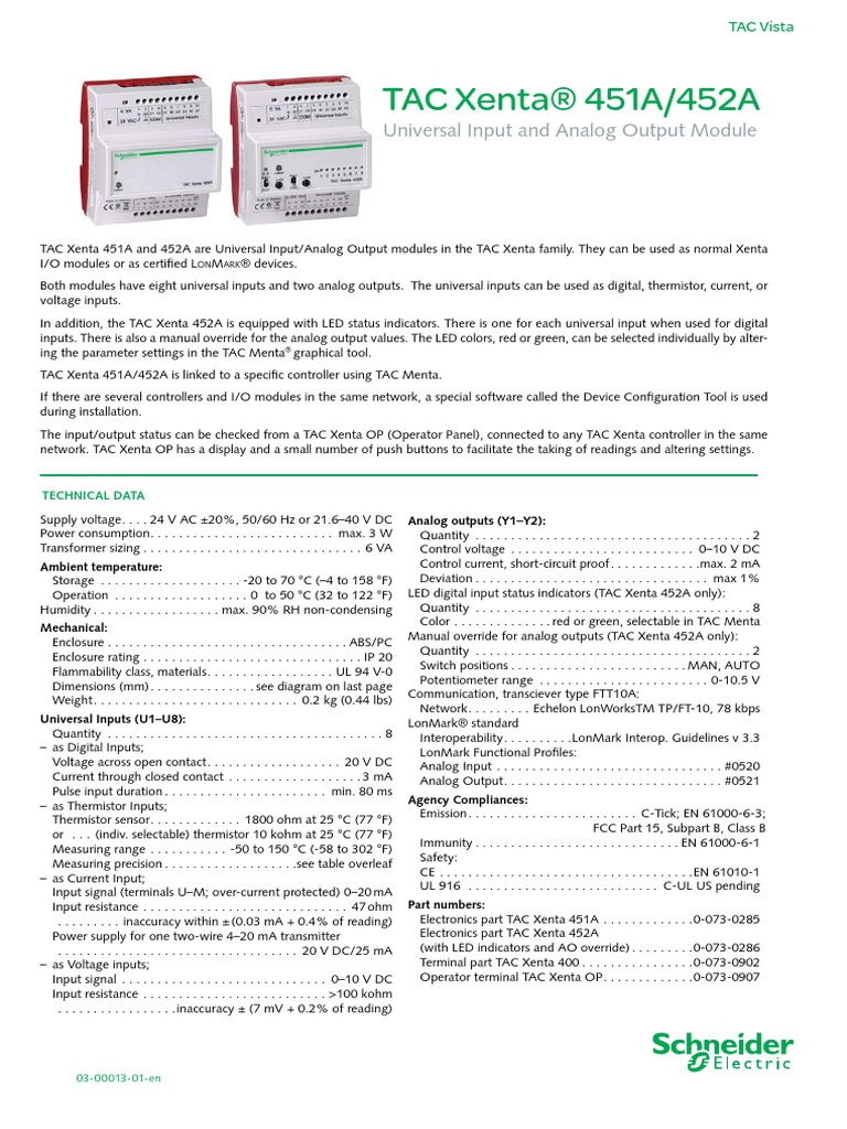 TAC Xenta® 451A/452A: Universal Input and Analog Output Module ...