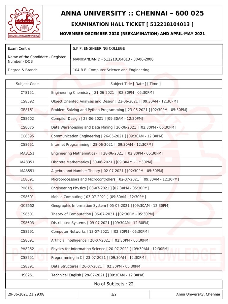 Anna University:: Chennai - 600 025: EXAMINATION HALL TICKET ...