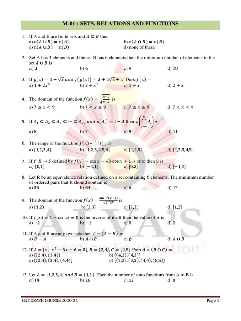 M-01: Sets, Relations and Functions | PDF | Function (Mathematics) | Set (Mathematics)