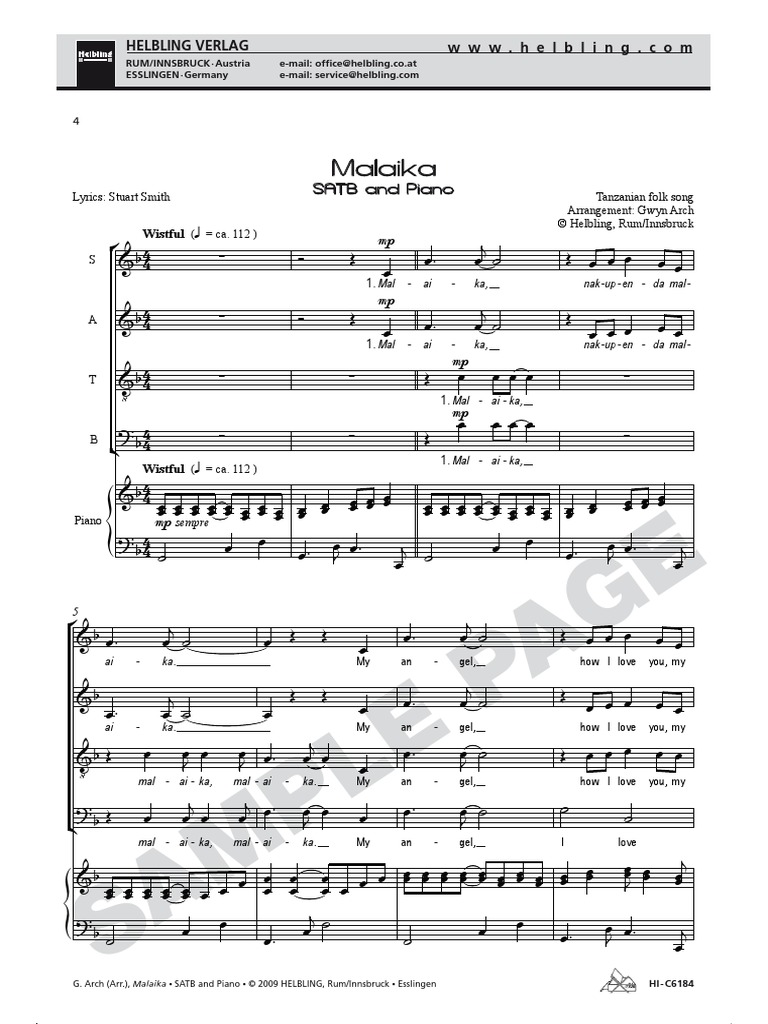 Malaika: SATB and Piano | PDF