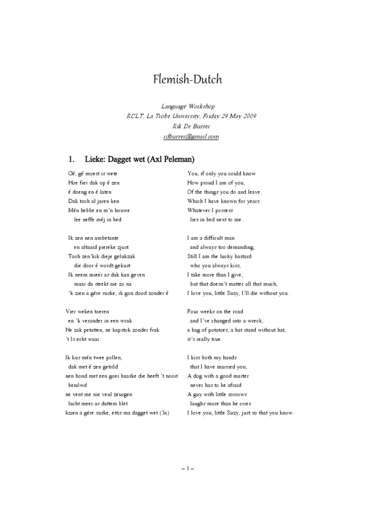 Flemish Dutch: 1. Lieke: Dagget Wet (Axl Peleman) | PDF | Linguistics
