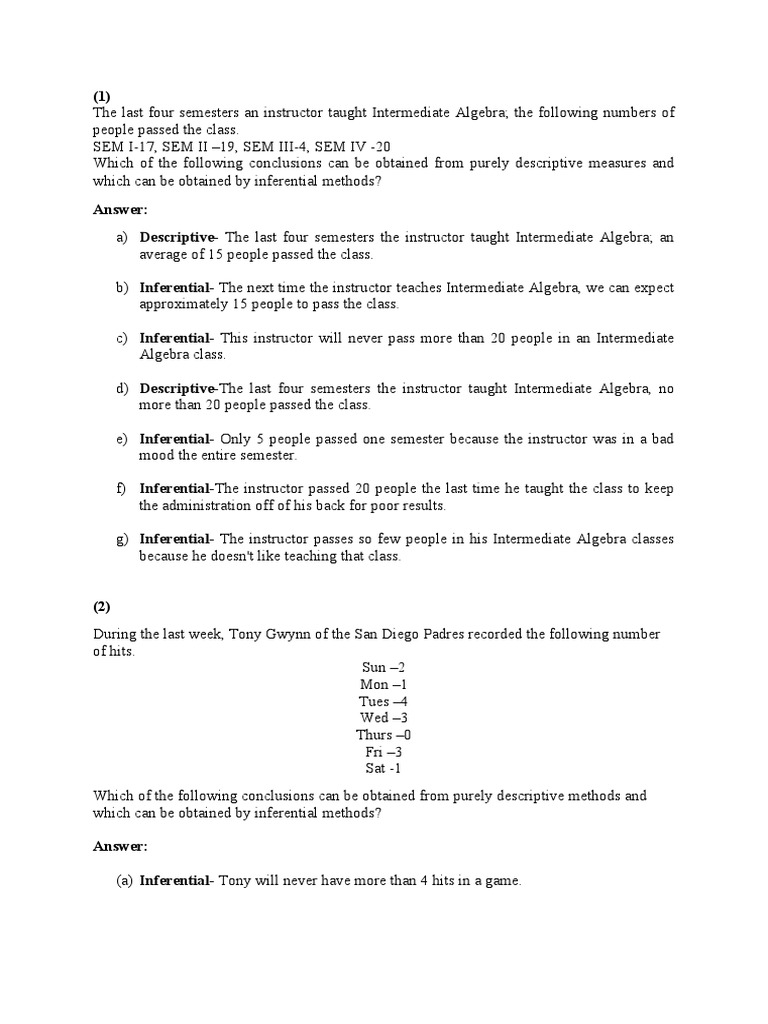 Descriptive vs. Inferential Statistics Examples | PDF