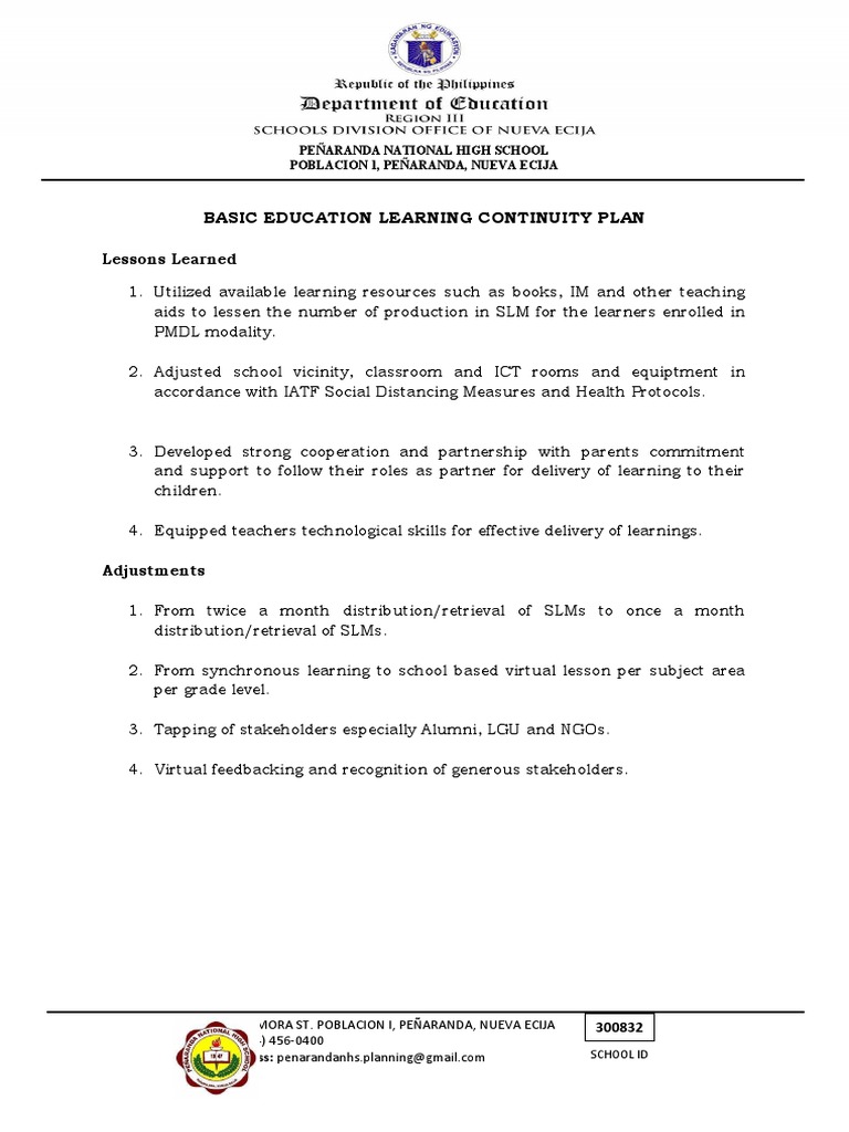 Basic Education Learning Continuity Plan: Lessons Learned | PDF | Educational Technology ...