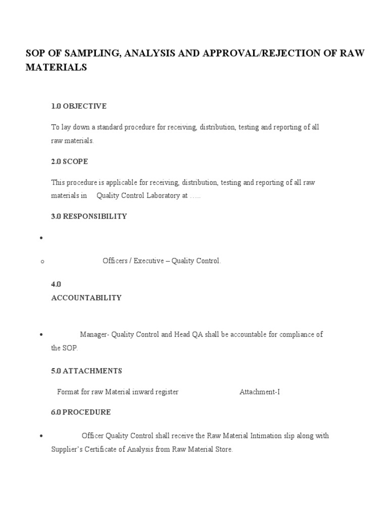 Sop of Sampling, Analysis and Approval/Rejection of Raw Materials | PDF ...