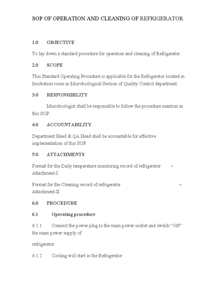 Sop of Operation and Cleaning of Refrigerator | PDF | Refrigerator ...