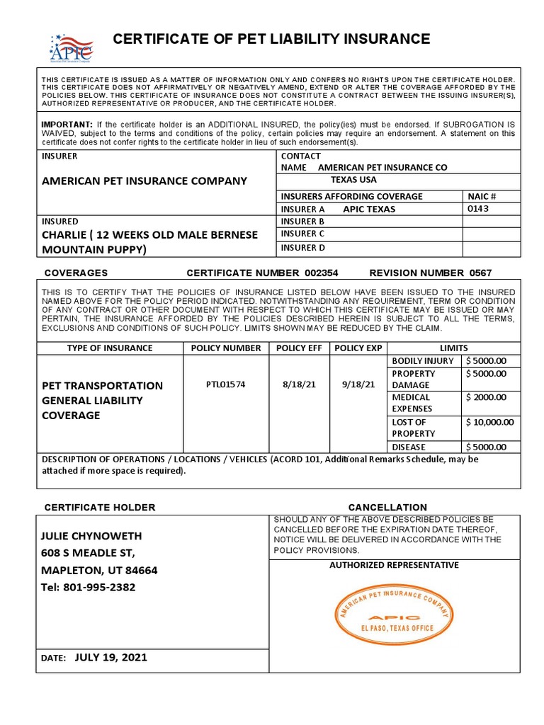 Certificate of Pet Liability Insurance | PDF | Insurance | Liability ...