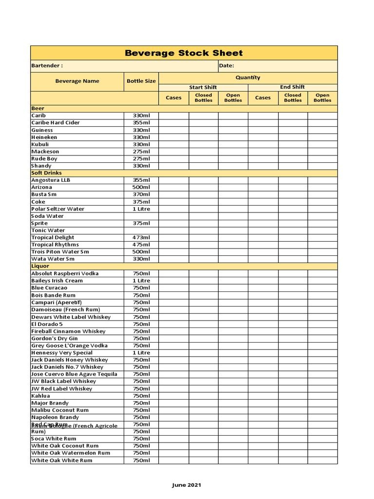 Beverage Stock Inventory Sheet | PDF | Drink | Soft Drink