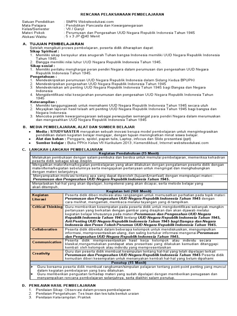 RPP 1 Lembar PKN Kelas 7 | PDF
