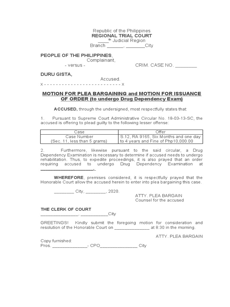 Motion For Plea Bargaining Drugs Case | PDF