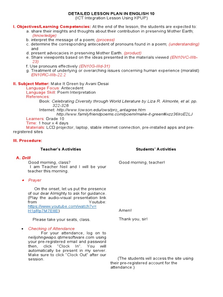 DETAILED LESSON PLAN IN ENGLISH 10 - Grand Demo | PDF | Pronoun ...