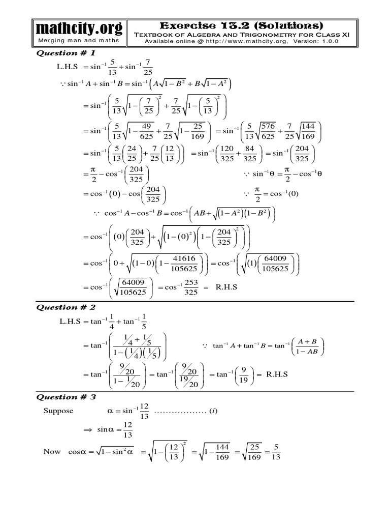 Exercise 13.2 (Solutions) : Question # 1 | PDF | Trigonometric ...