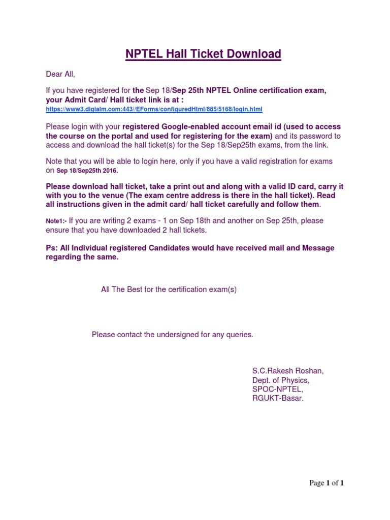 Nptel Hall Ticket Download | PDF