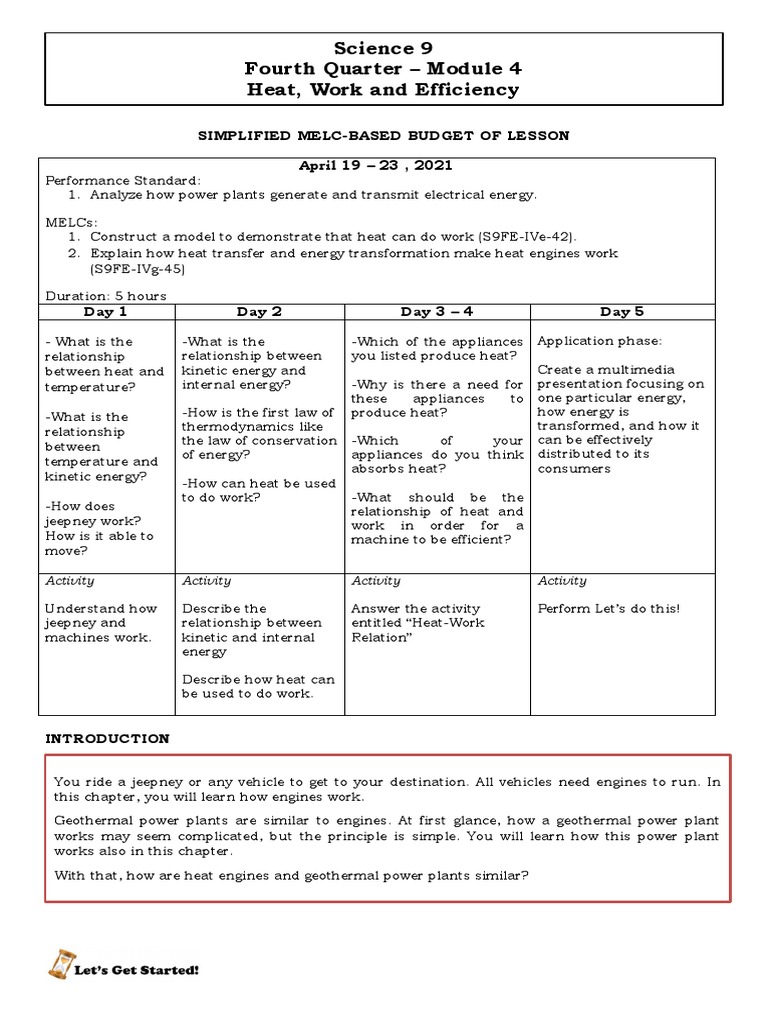Science 9 Fourth Quarter - Module 4 Heat, Work and Efficiency | PDF ...