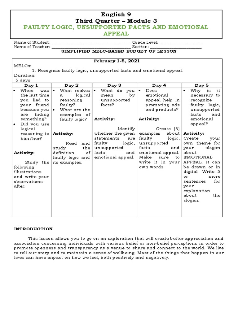 Faulty Logic, Unsupported Facts and Emotional Appeal: English 9 Third ...