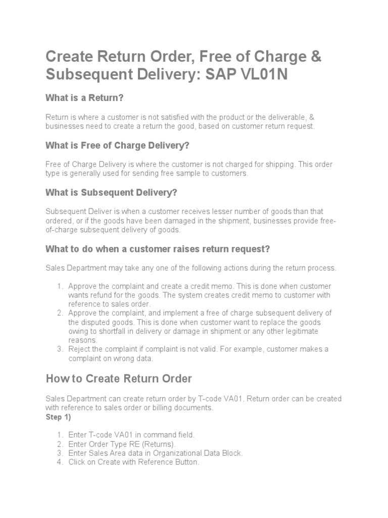 Create Return Order, Free Goods & Subsequent Delivery | PDF | Computing | Business