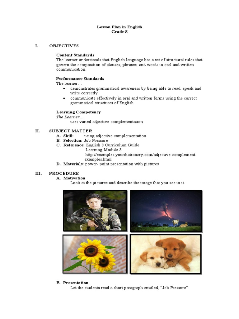 Lesson Plan in Adjective Complement | PDF | Adjective | Phrase
