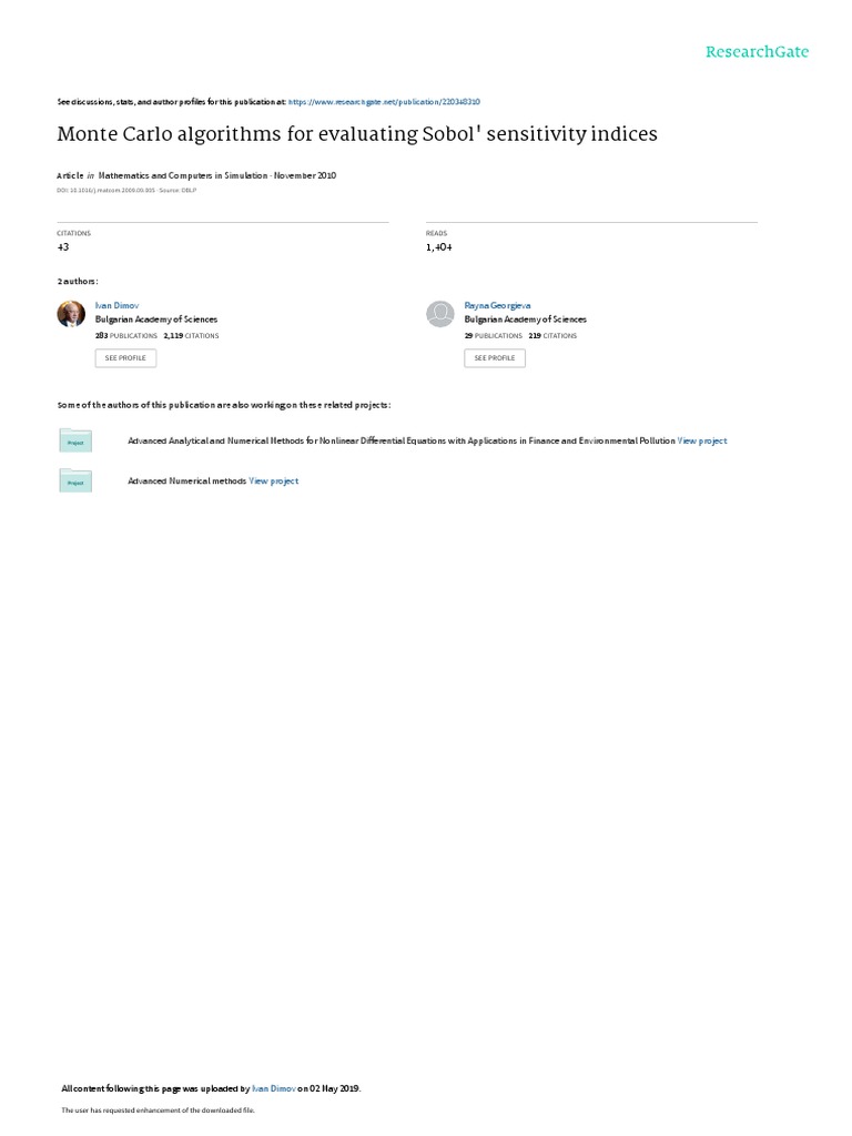 Monte Carlo Algorithms For Evaluating Sobol' Sensitivity Indices | PDF | Sensitivity Analysis ...
