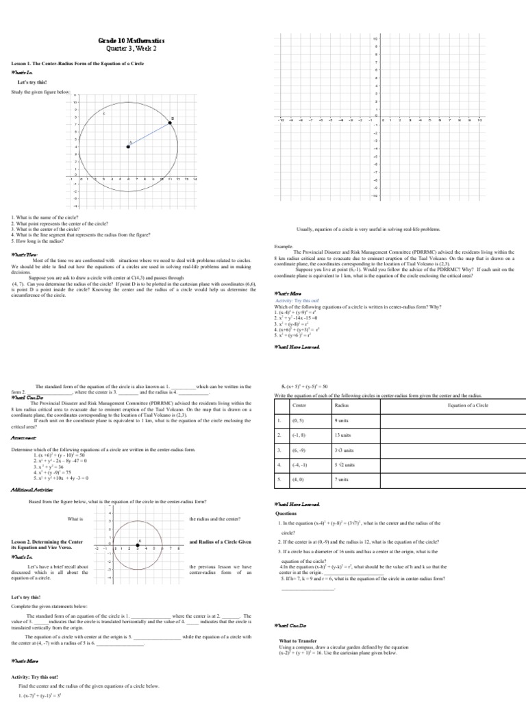 Quarter 3, Week 2: Grade 10 Mathematics | PDF | Circle | Area