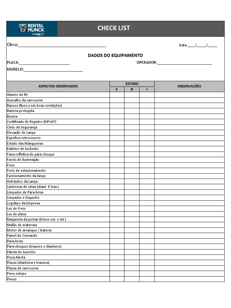 Check List Equipamento (Mensal) | PDF | Pneu | Classificação dos automóveis