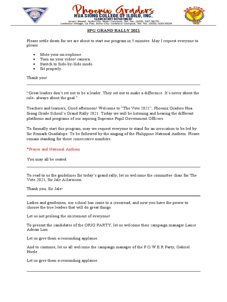 SPG Grand Rally 2021: Prayer and National Anthem | PDF