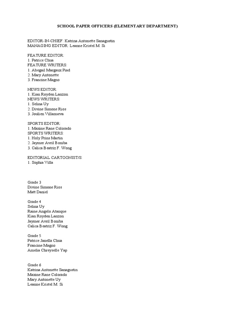 School Paper Officers (Elementary Department) | PDF