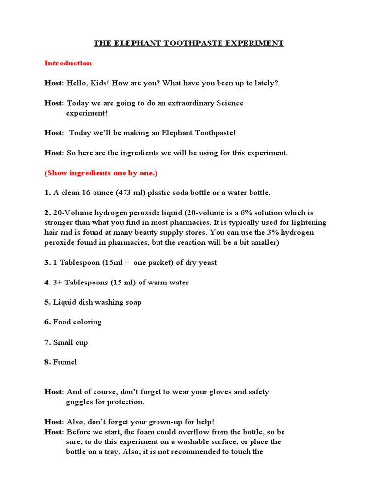 The Elephant Toothpaste Experiment Script | PDF | Hydrogen Peroxide ...