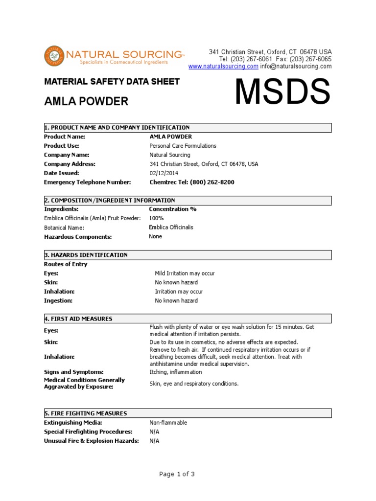 Amla Powder: Material Safety Data Sheet | PDF | Toxicity | Occupational ...