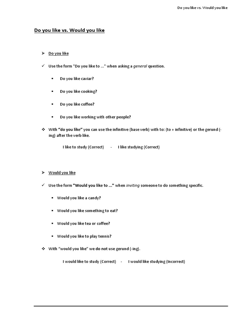 Do You Like vs. Would You Like | PDF