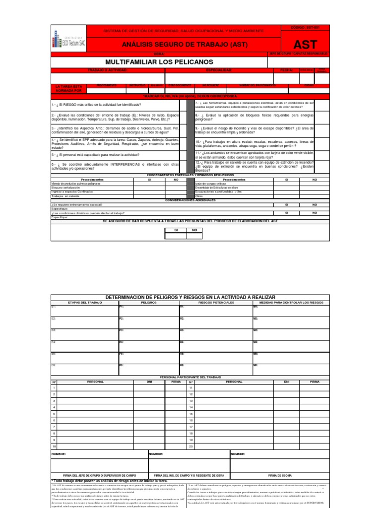 Formato AST para Trabajo en Altura | PDF | Seguridad y salud ocupacional
