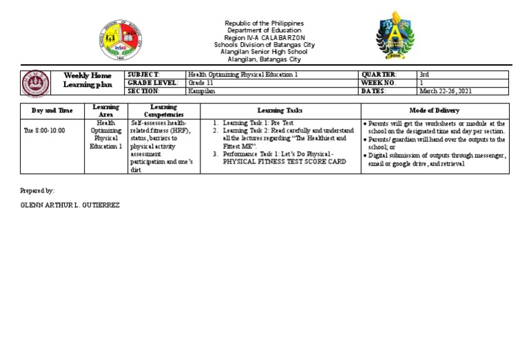 PE Weekly Home Learning Plan | PDF