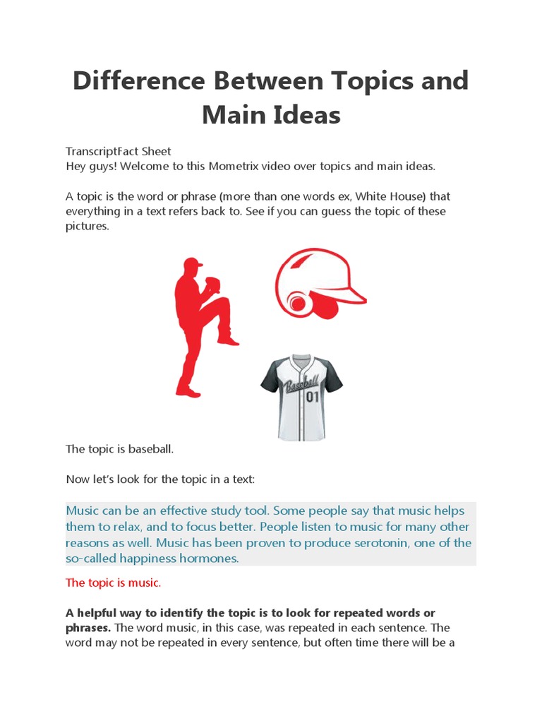 Difference Between Topics and Main Ideas | PDF | Paragraph | Sentence ...
