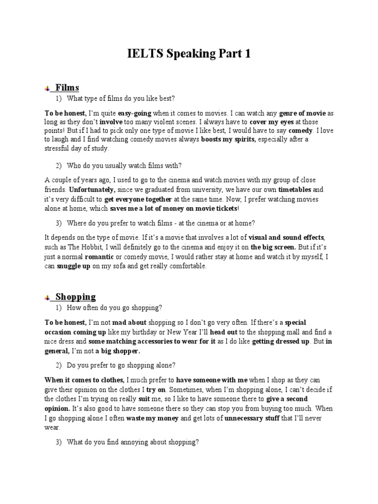 IELTS Speaking Part 1: Films | PDF | Movie Theater