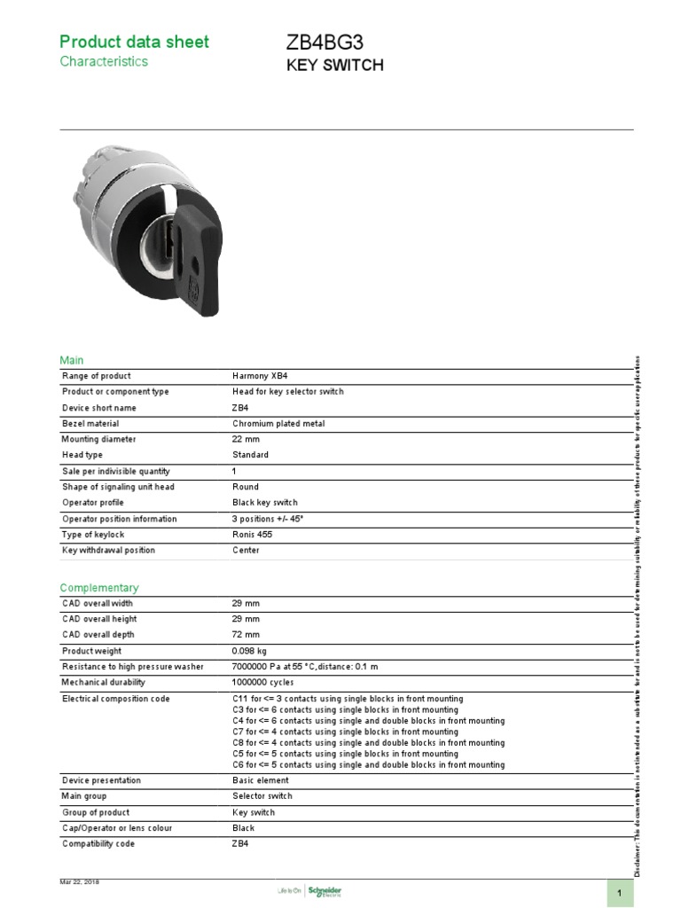 ZB4BG3: Product Data Sheet | PDF | Switch | Electrical Engineering