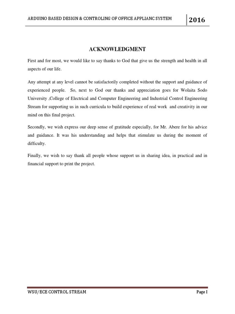 Acknowledgment: Arduino Based Design & Controling of Office Applianc System | PDF | Electrical ...
