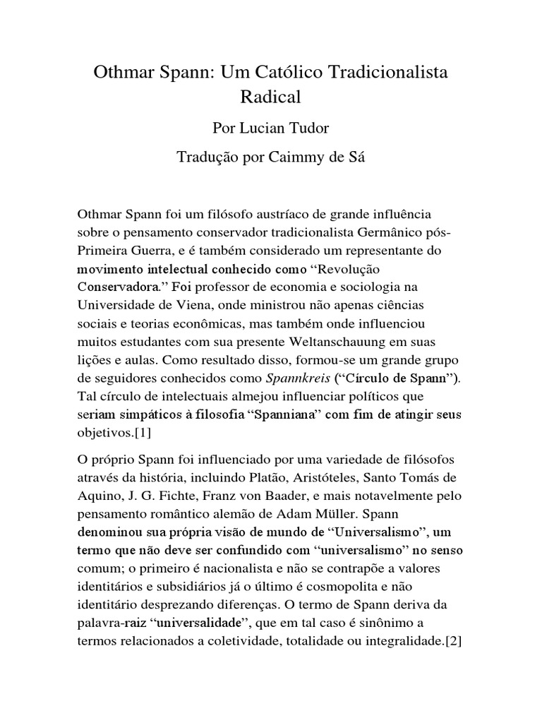 Othmar Spann: Filosofia Universalista e Conservadorismo | PDF | Estado ...