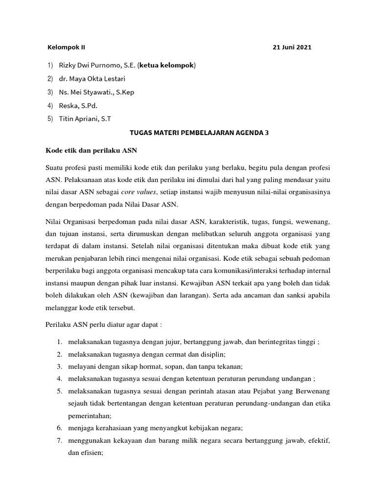 Tugas Agenda 3 Kode Etik Dan Prilaku Asn | PDF