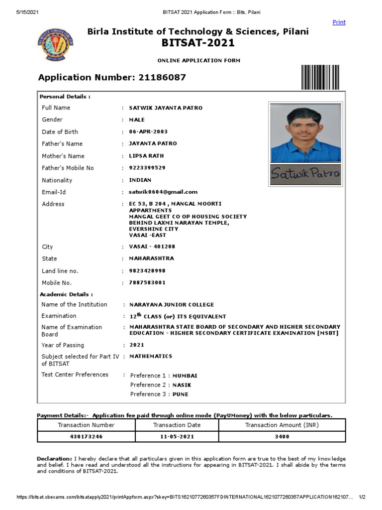 BITSAT 2021 Application Form - Bits, Pilani | PDF