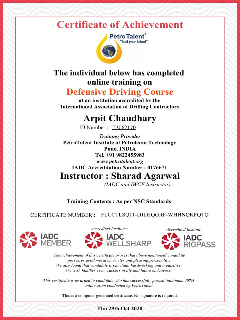 Certificate of Achievement: Defensive Driving Course | PDF | Business