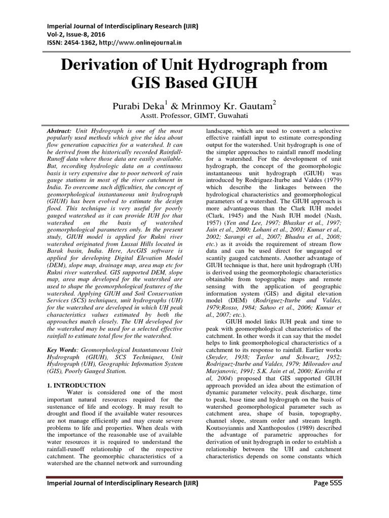 Derivation of Unit Hydrograph From GIS-Based GIUH | PDF | Drainage Basin | Discharge (Hydrology)