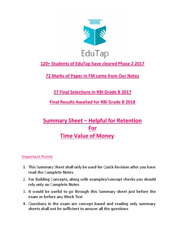 Attachment Summary Sheet Time Value of Money | PDF | Present Value ...