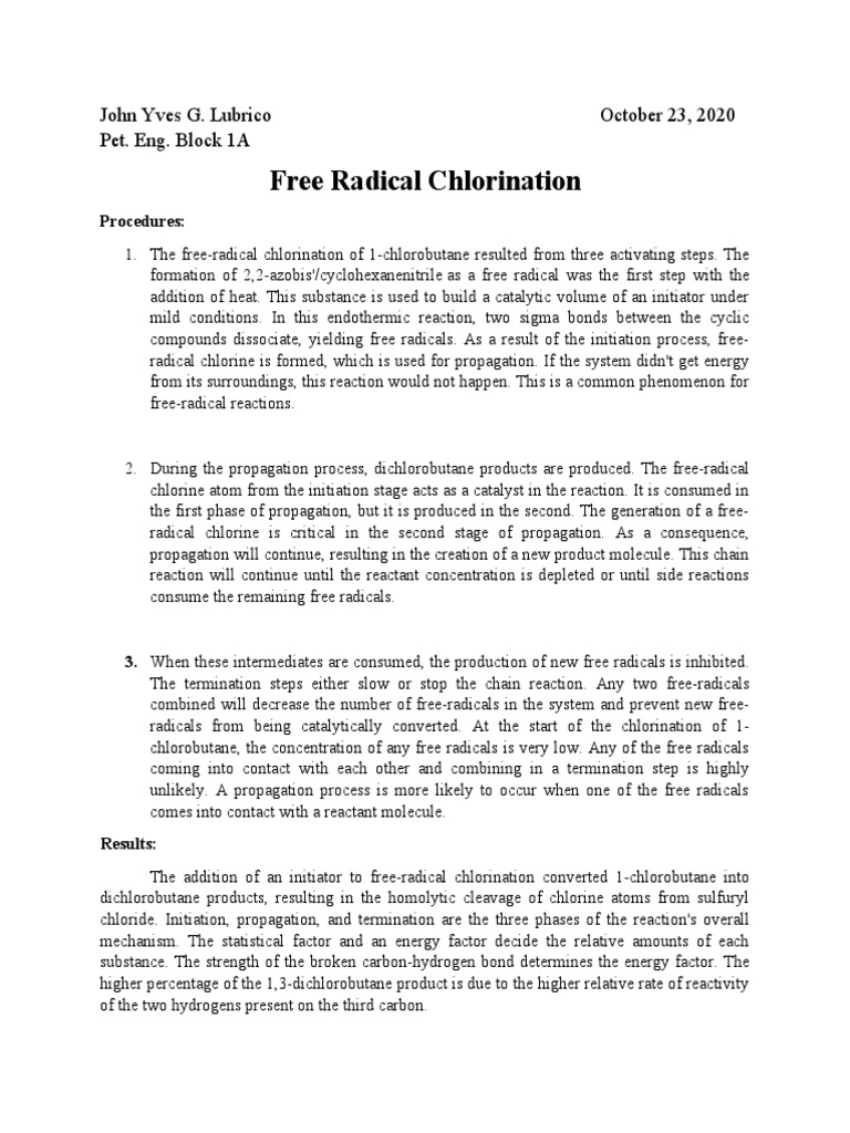 Free Radical Chlorination | PDF | Chemical Reactions | Radical (Chemistry)
