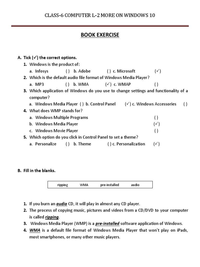 Book Exercise: Class-6 Computer L-2 More On Windows 10 | PDF ...