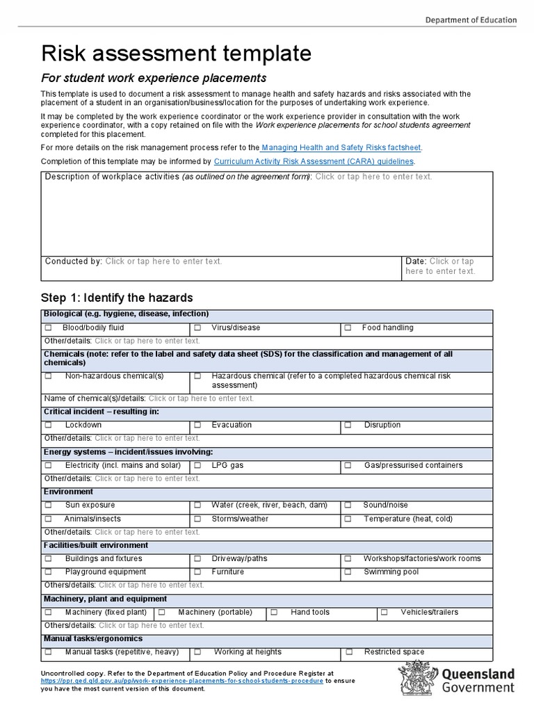 Risk Assessment Template: For Student Work Experience Placements | PDF ...