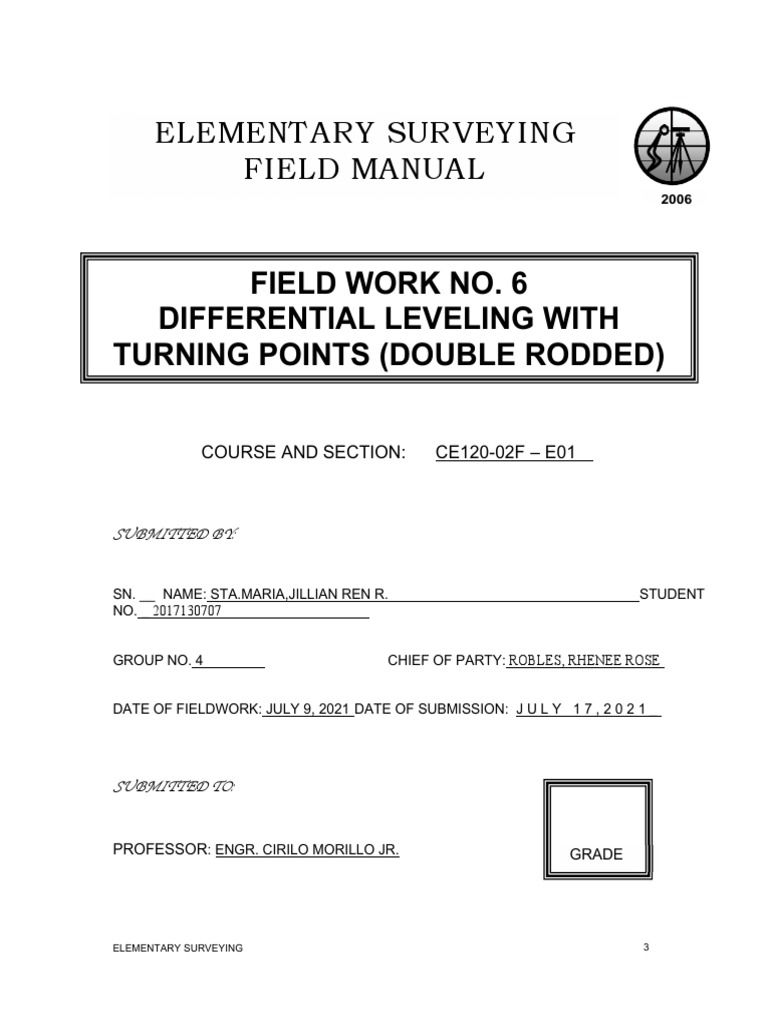 Elementary Surveying Field Manual: Field Work No. 6 Differential Leveling With Turning Points ...