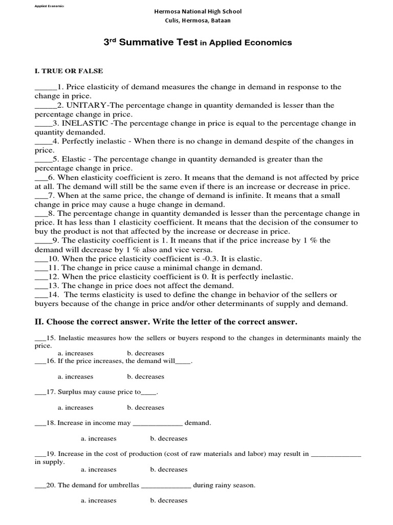 3rd Summative Test Applied Eco Summative | PDF | Elasticity (Economics ...