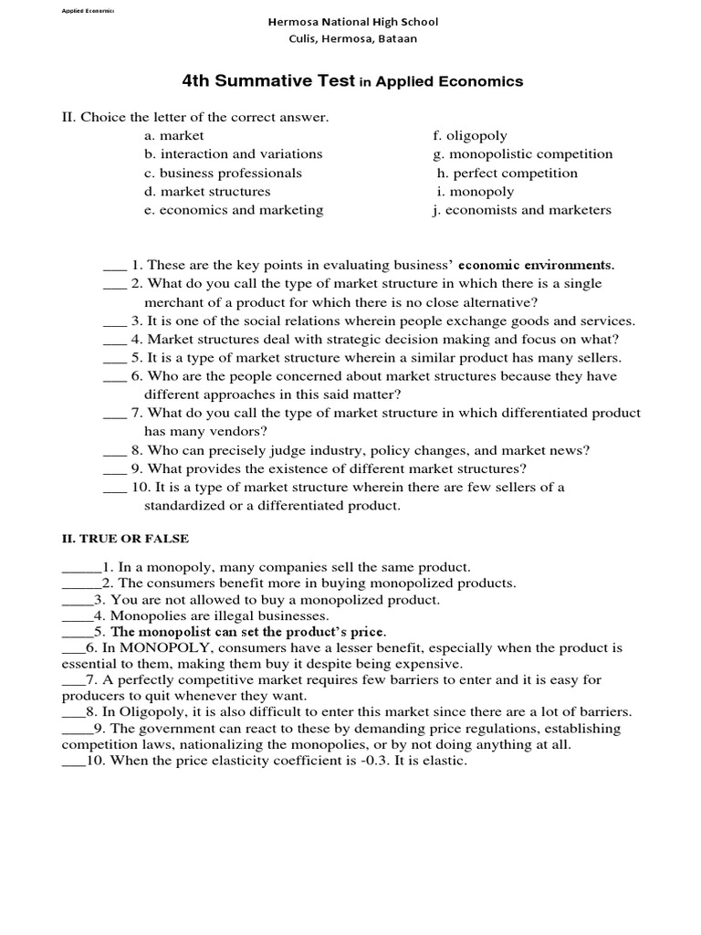 4th Summative Test in Applied Economics | PDF | Monopoly | Market ...