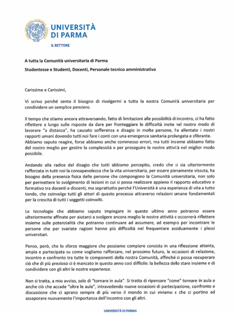 Allegati - 20210331 Lettera Rettore Comunita Universitaria | PDF