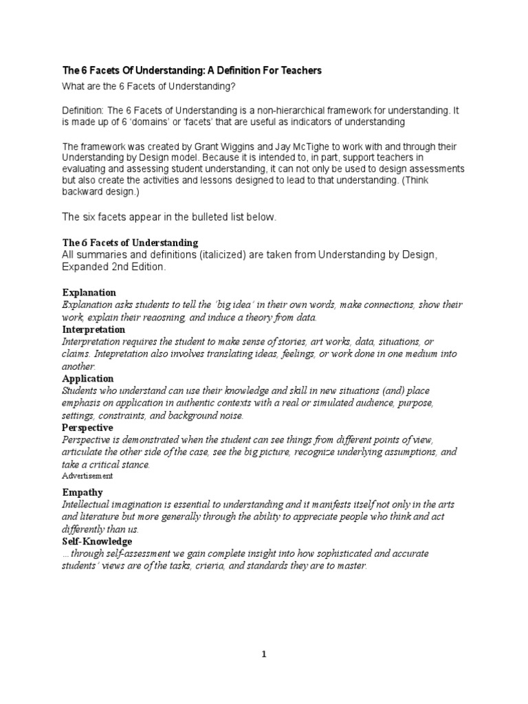 The 6 Facets Of Understanding A Definition For Teachers The Different