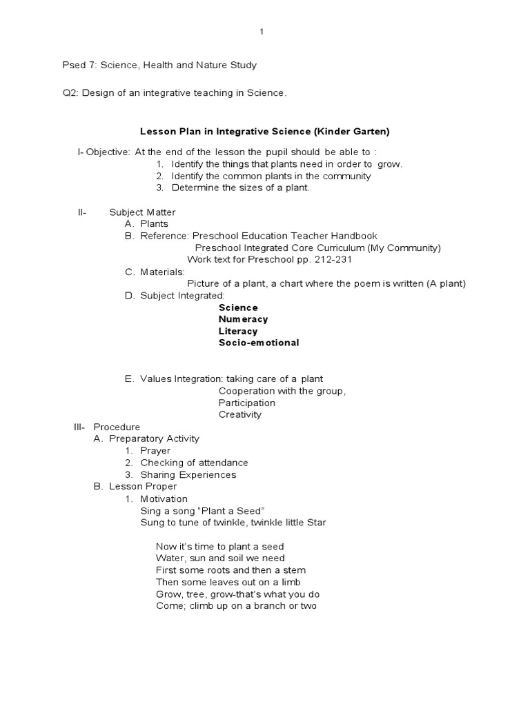 Lesson Plan in Integrative Science (Kinder Garten | PDF | Kindergarten ...